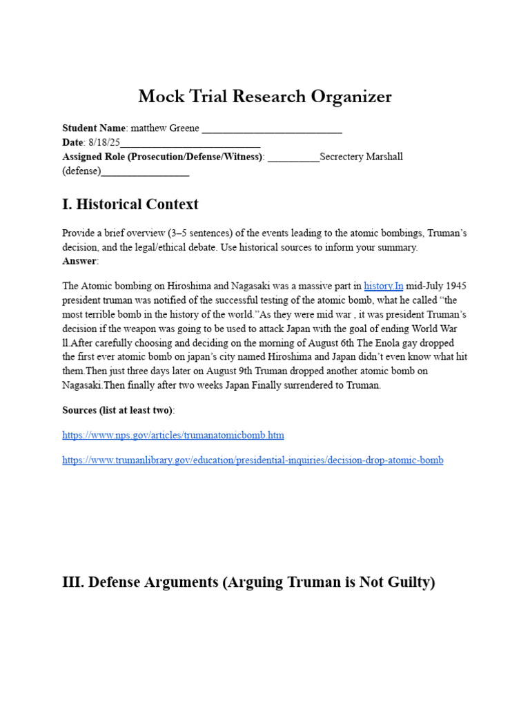 Mock Trial Research Organizer | PDF | Atomic Bombings Of Hiroshima And ...