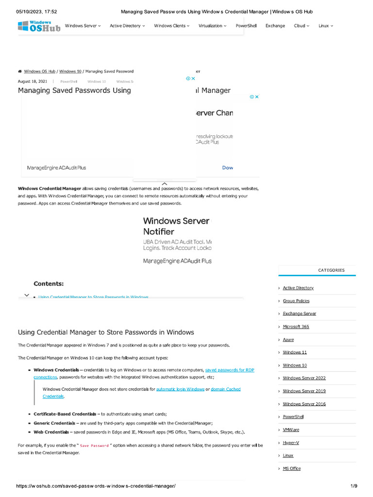 Managing Saved Passwords Using Windows Credential Manager | PDF