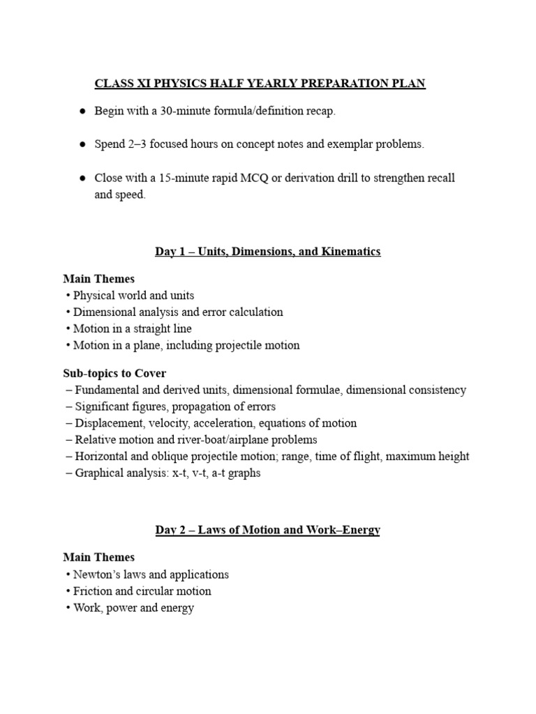 Class XI Physics Half-Yearly Study Plan | PDF | Quantity | Spacetime