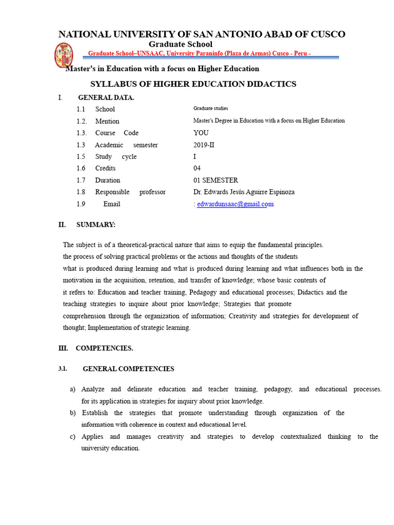 Higher Education Didactics Syllabus | PDF | Pedagogy | Creativity
