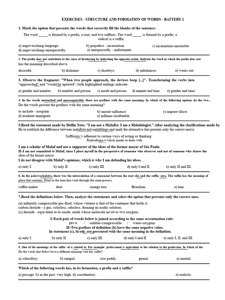 Word Structure and Formation Exercises | PDF | Word | Morphology ...