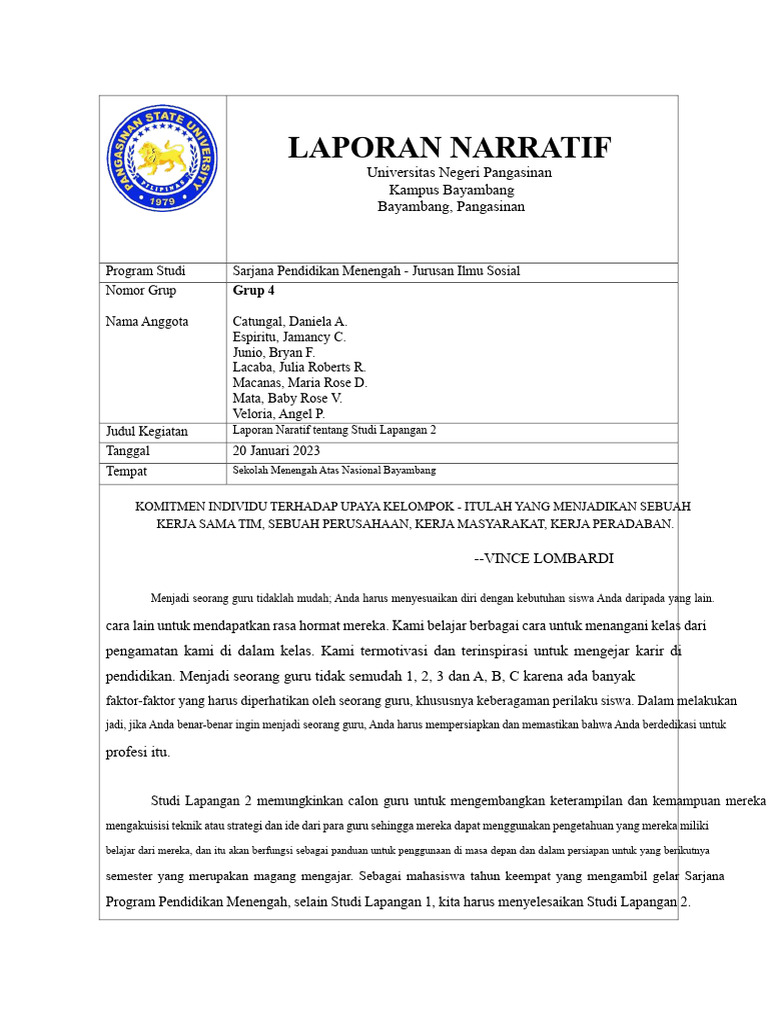 Laporan Narasi FS 2 - Kelompok 4 | PDF
