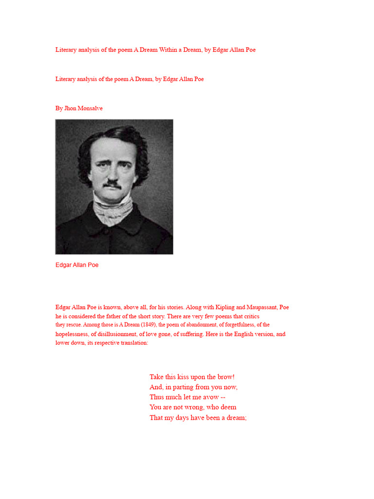 Literary Analysis of The Poem A Dream Within A Dream | PDF | Poetry | Dream