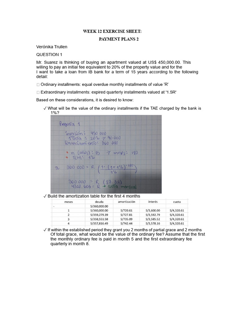 Week 12 Exercise Sheet - Payment Plans 2 - Verónika Trullen | PDF