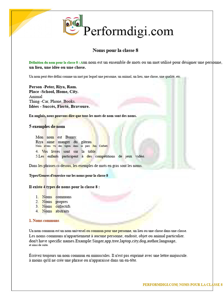 Types de noms pour la classe 8 | PDF