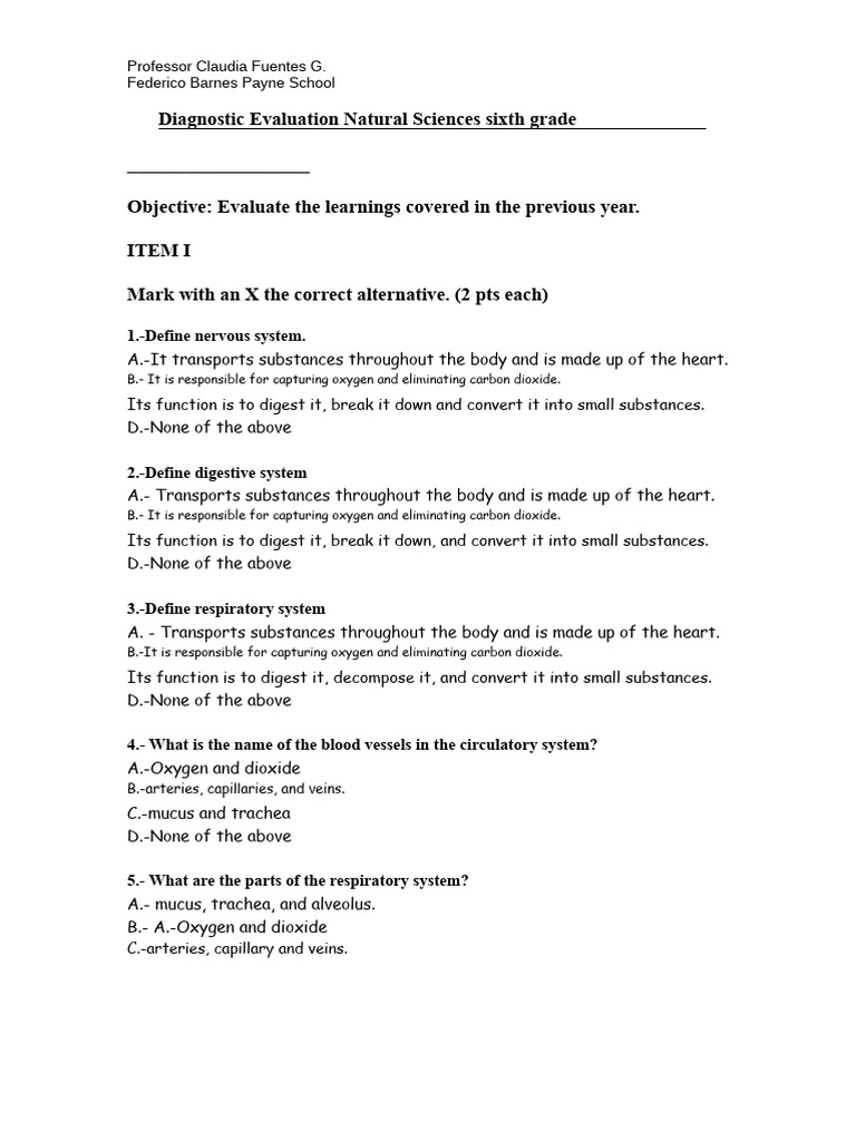 Sixth Grade Natural Sciences Evaluation | PDF | Respiratory System ...