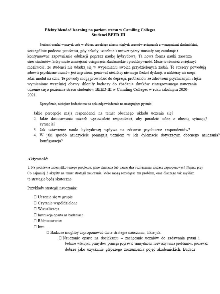 FINAŁYWpływ Nauki Mieszanej Na Poziom Stresu W Camiling Colleges | PDF