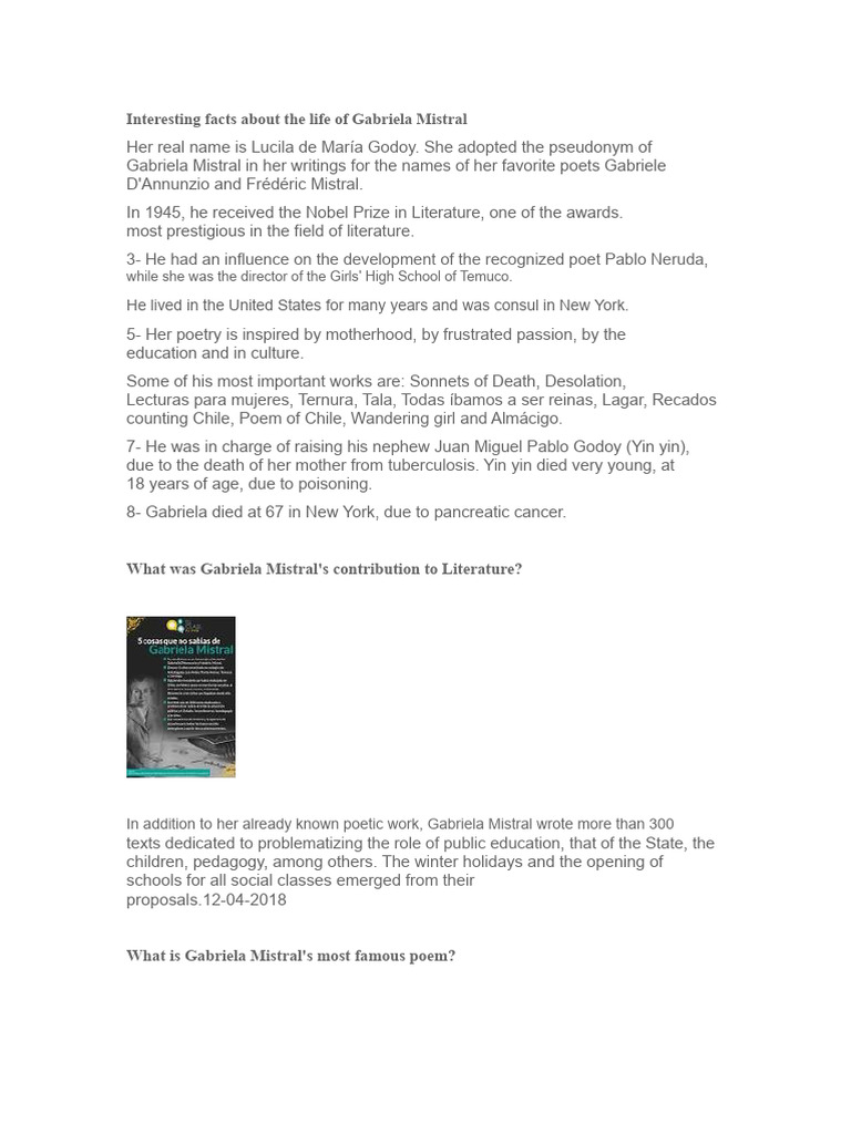 Interesting Facts About The Life of Gabriela Mistral | PDF | Poetry
