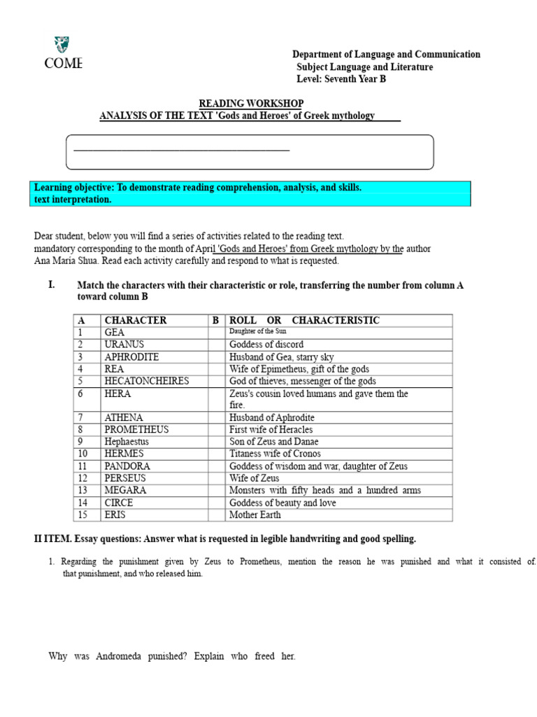 7th GRADE WORKSHOP BOOK GODS AND HEROES OF GREEK MYTHOLOGY PDF | PDF ...