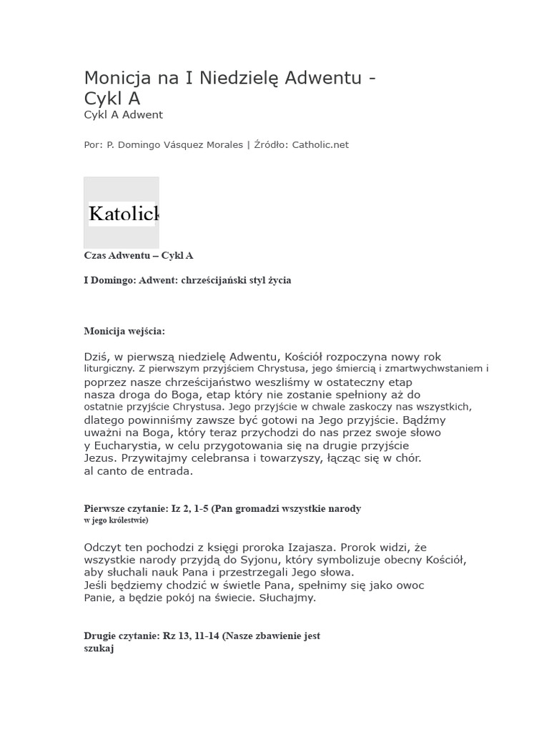 Monitarius Na I Niedzielę Adwentu | PDF