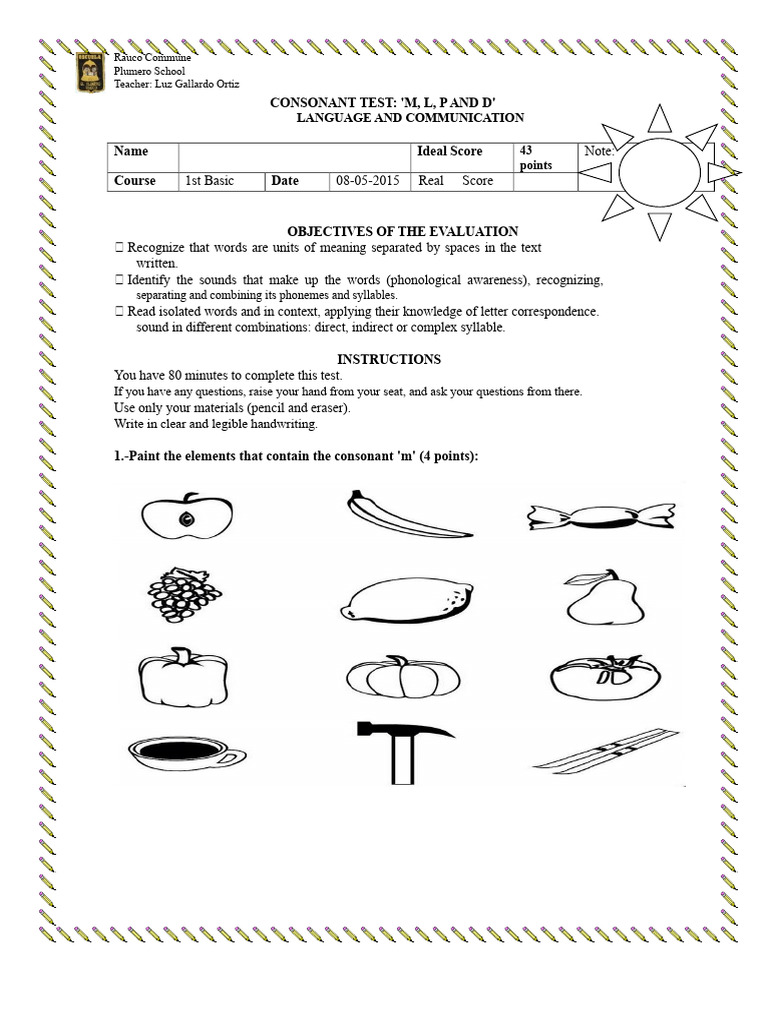 CONSONANT TEST, Language and Communication 1st Grade | PDF | Word ...