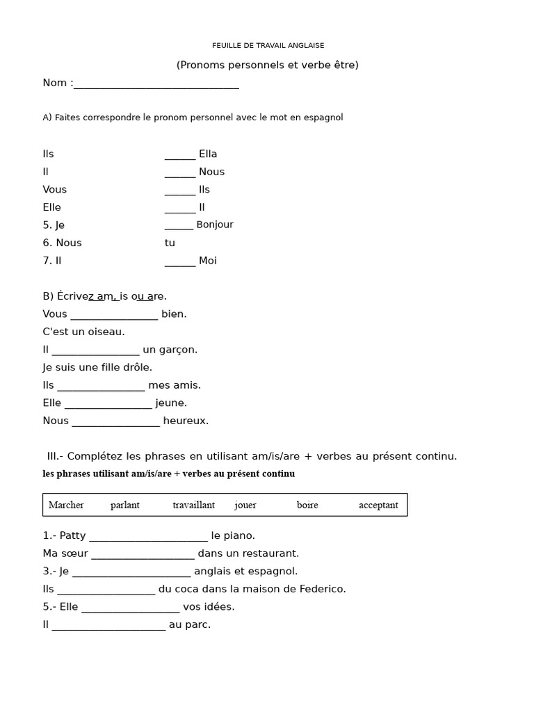 Exercice sur les pronoms personnels anglais | PDF