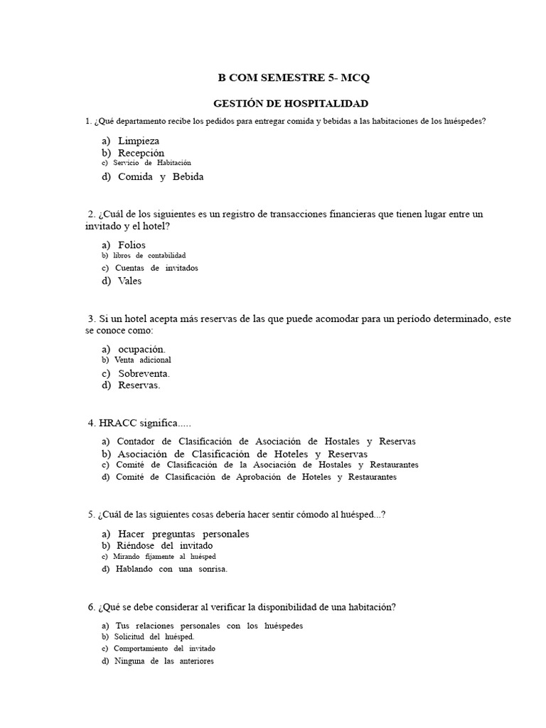 MCQ Gestión Hospitalaria B Com Sem 5 | PDF | Hotel | Agencia de viajes