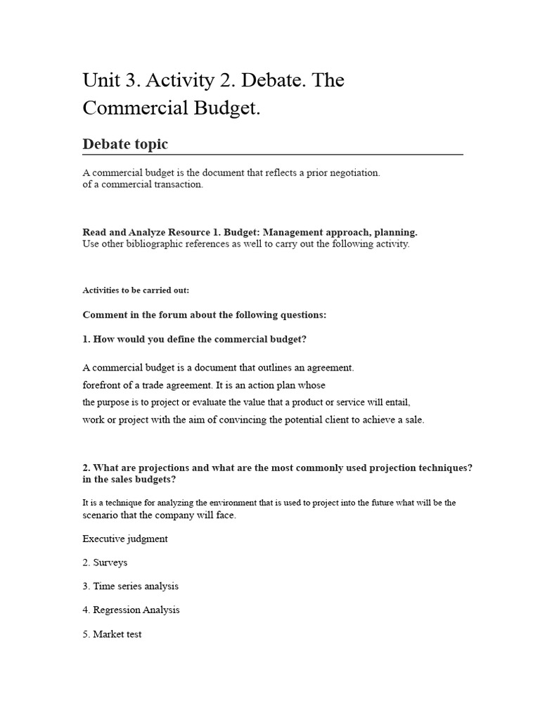 Unit 3. Activity 2. Debate. The Commercial Budget. | PDF | Budget | Economics