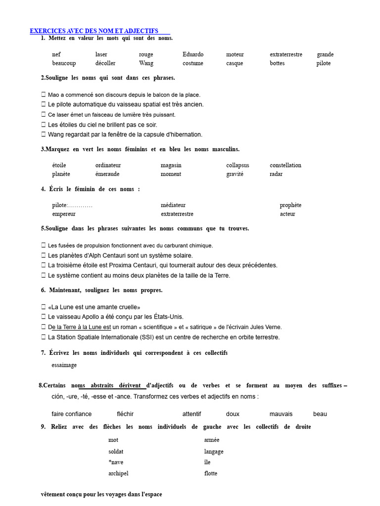 Exercices sur Noms et Adjectifs | PDF | Planètes | Programme Apollo