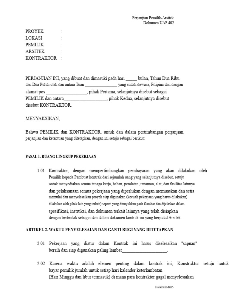 Perjanjian Pemilik dan Kontraktor UAP 402 | PDF