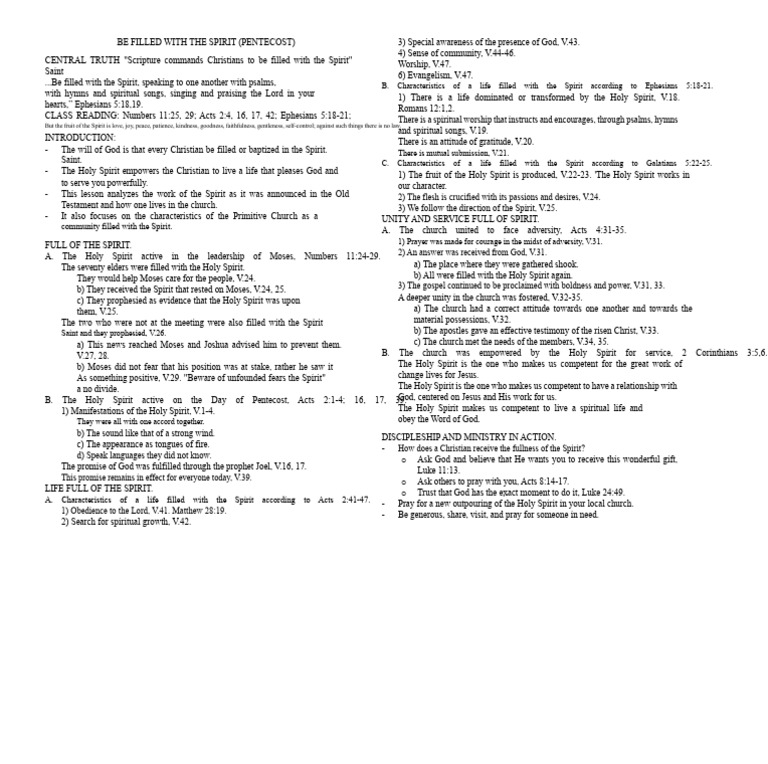 LESSON 12 - Be Filled With The Spirit of Pentecost (Outline) | PDF ...