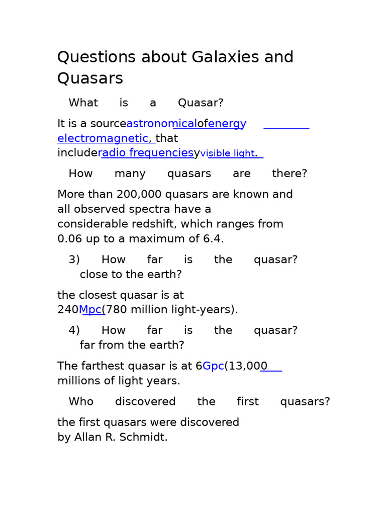 Questions About Galaxies and Quasars | PDF | Milky Way | Galaxy