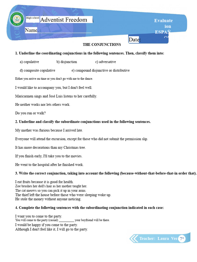 EVALUATION OF CONJUNCTIONS 7th GRADE | PDF