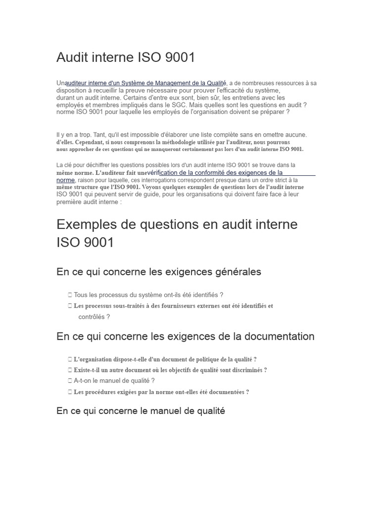Audit Interne ISO 9001 Exemples | PDF | Audit | Management de la qualité