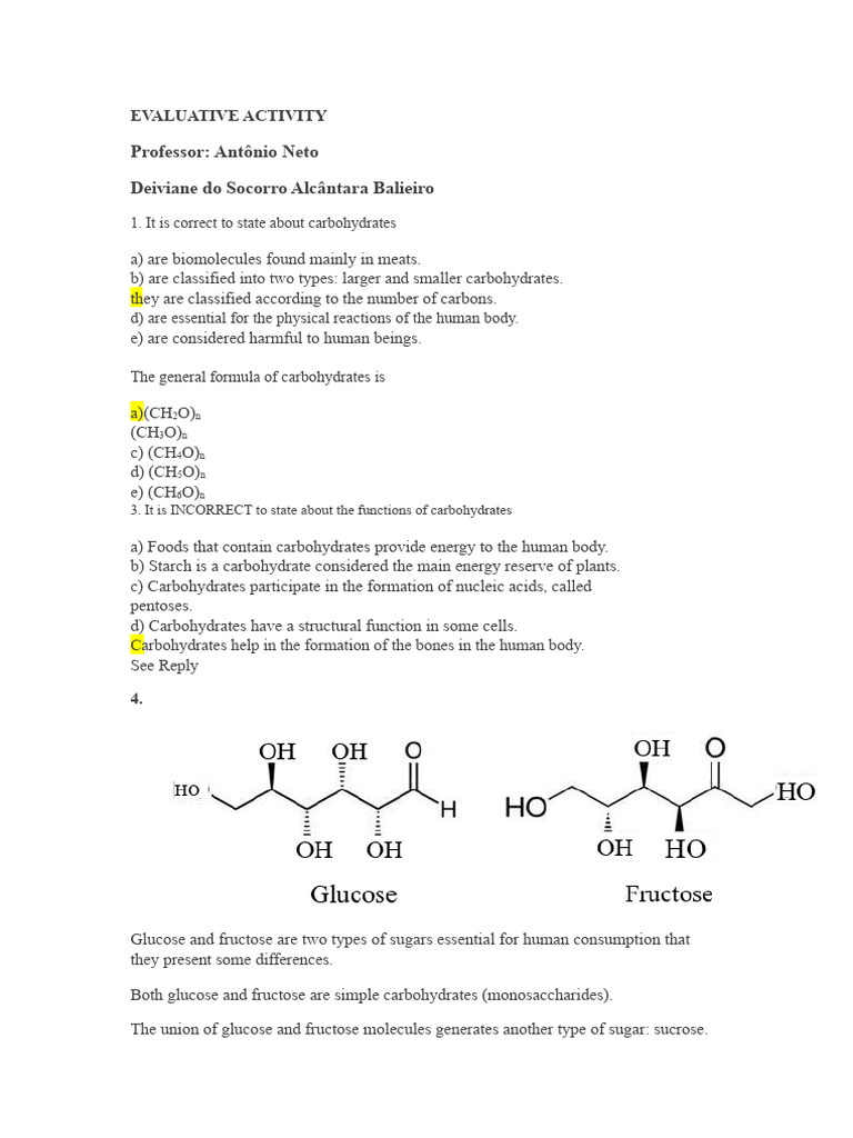 Evaluative Activity Biochemistry | PDF | Carbohydrates | Glucose