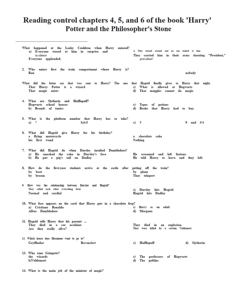 Reading Control Chapters 4, 5, and 6. HARRY POTTER AND THE SORCERER'S ...