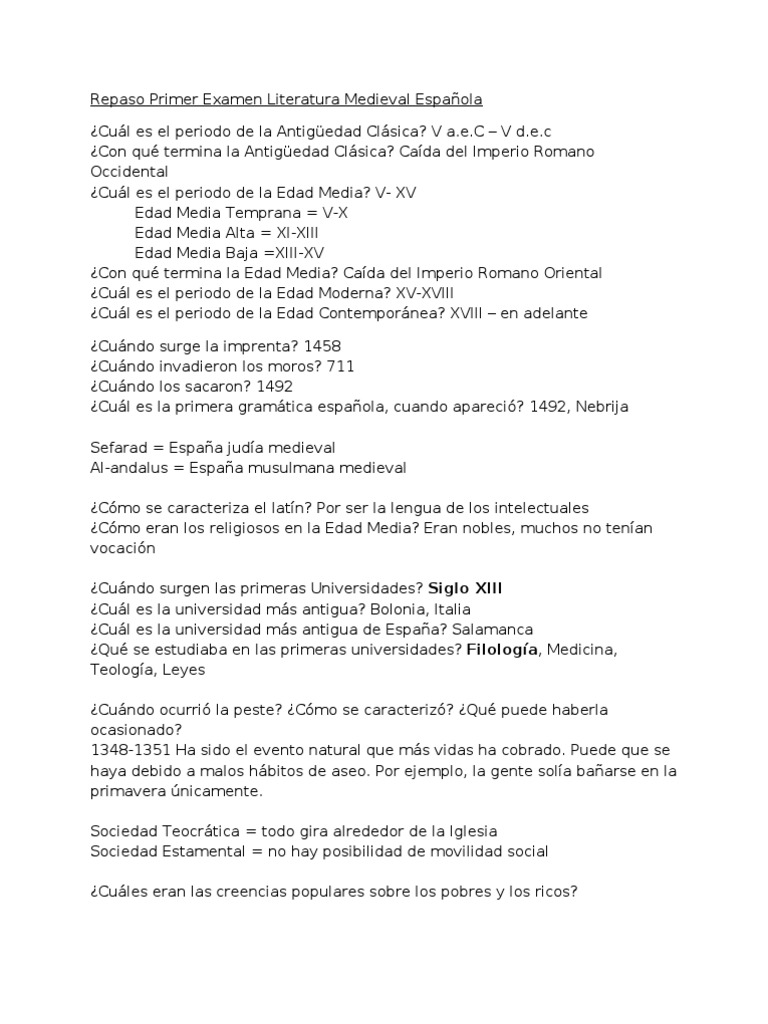 Repaso Primer Examen Literatura Medieval Espa Ola | PDF | Baja Edad ...