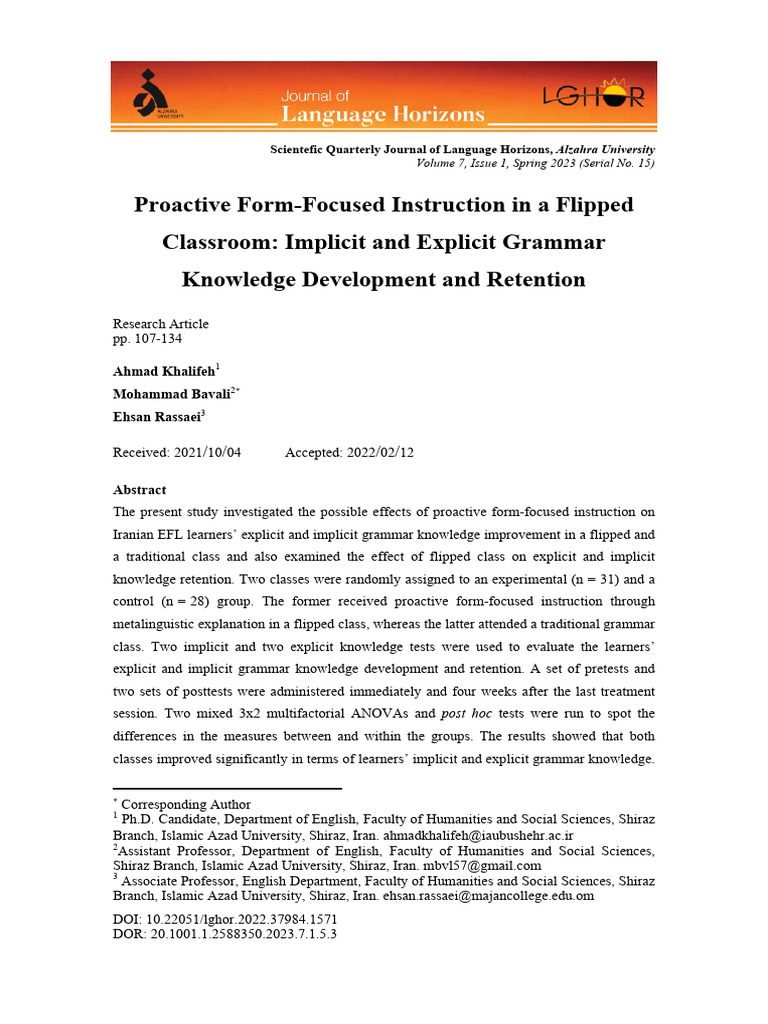 Proactive Form-Focused Instruction in A Flipped Classroom - Implicit and Explicit Grammar ...
