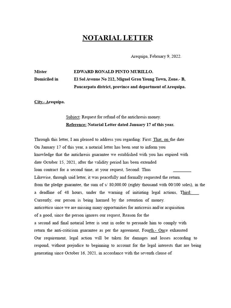 Notarial Letter for Antichresis Refund | PDF | Private Law | Common Law