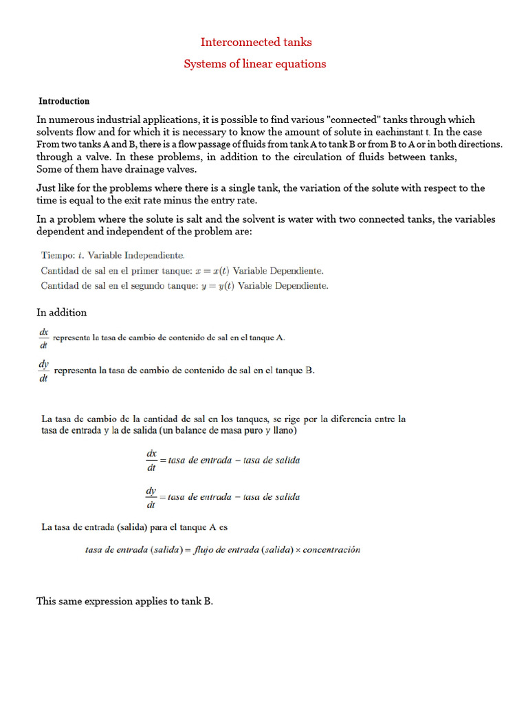 Interconnected Tanks and Linear Equations | PDF