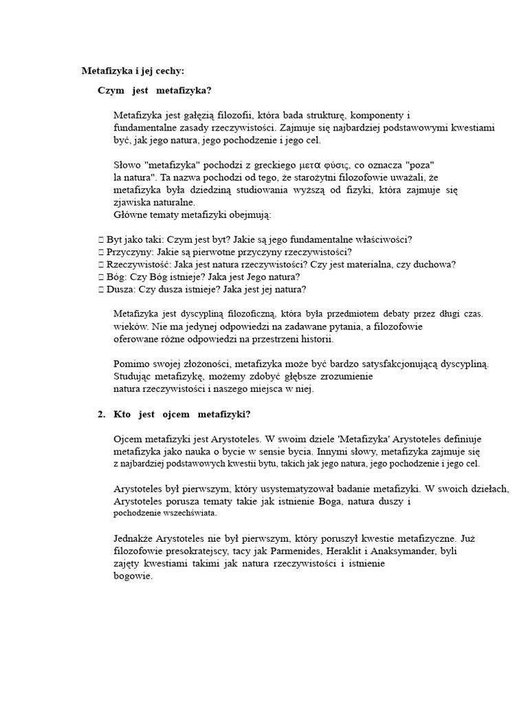 Metafizyka I Jej Cechy | PDF