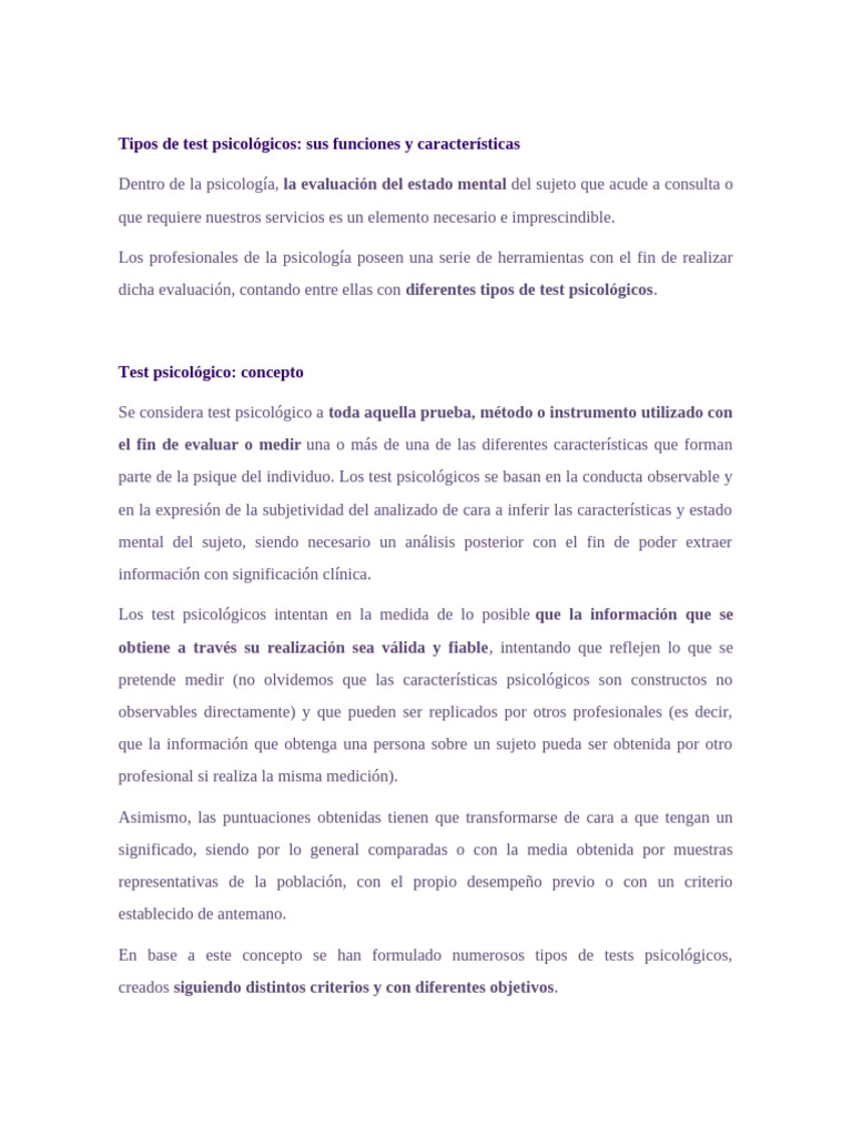 Tipos de tests psicológicos y sus funciones | PDF | Sicología | Mente