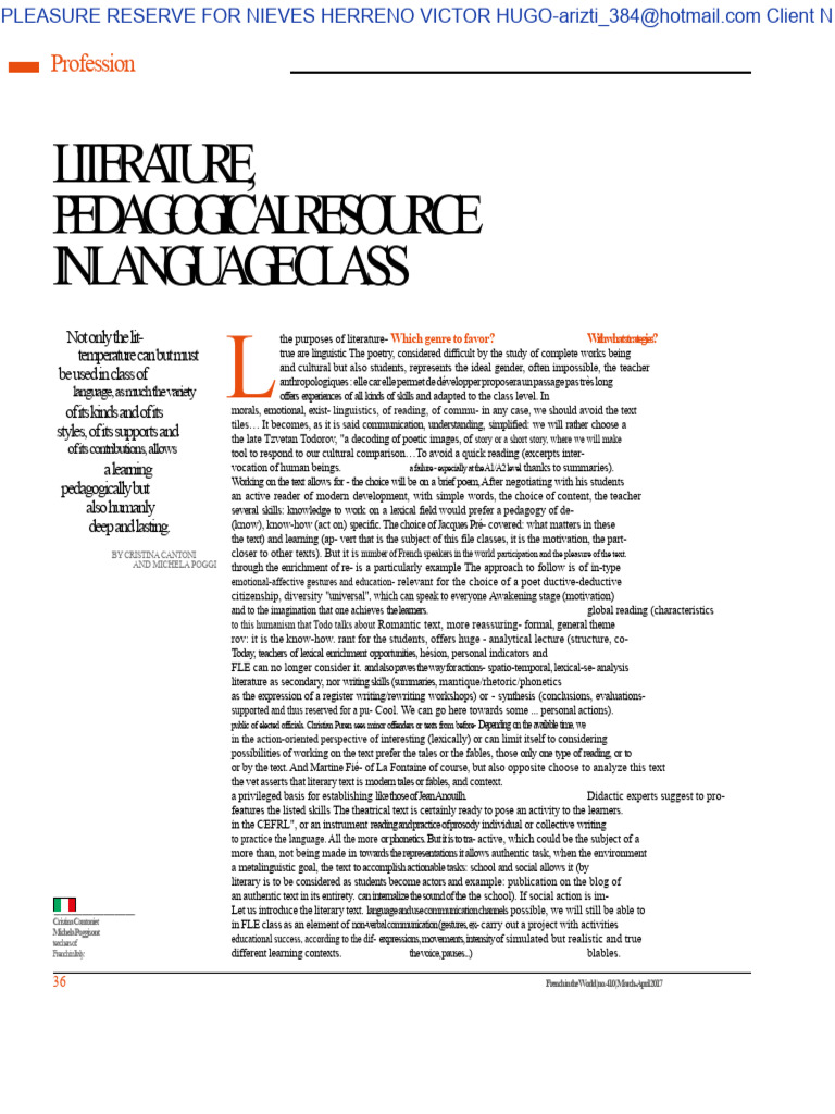 Article Literature in FLE Class | PDF | Poetry | Pedagogy