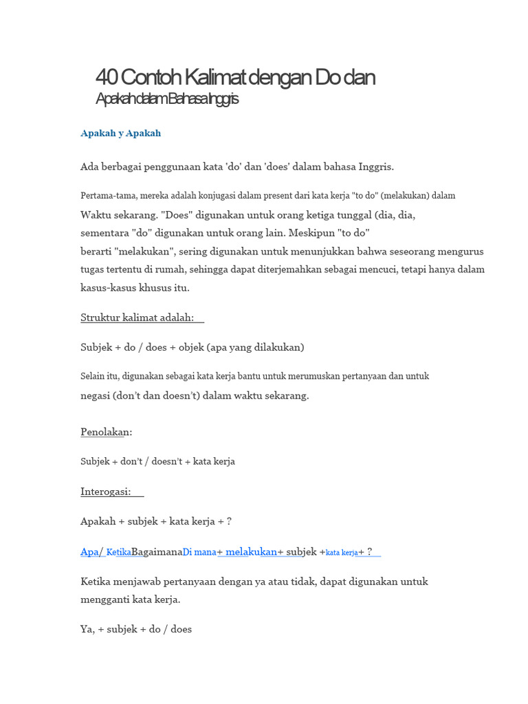 40 Contoh Kalimat Dengan Do Dan Does Dalam Bahasa Inggris | PDF
