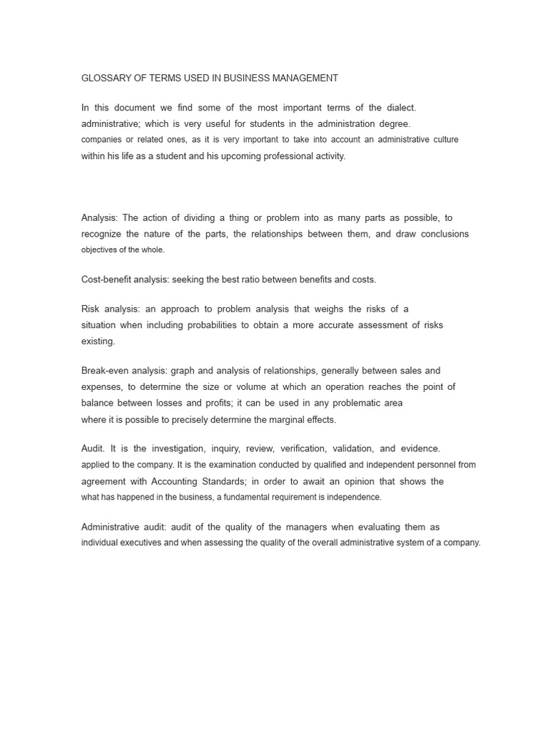 Glossary of Terms Used in Business Administration | PDF | Audit | System