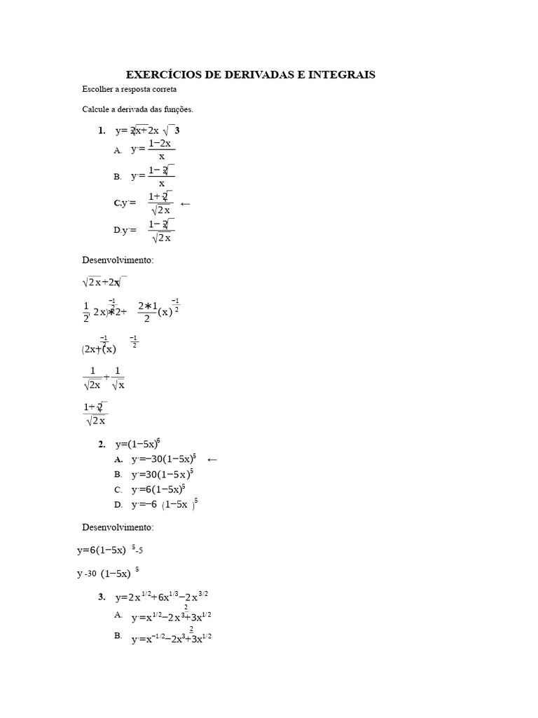 Exercícios de Derivadas e Integrais | PDF | Analise matemática | Matemática