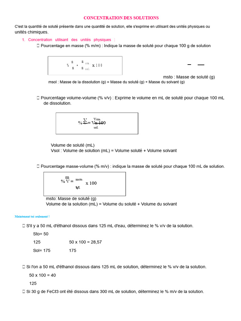Guide sur la concentration des solutions | PDF | Concentration molaire ...