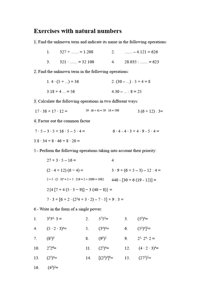 Natural Number Exercises and Solutions | PDF | Numbers | Integer