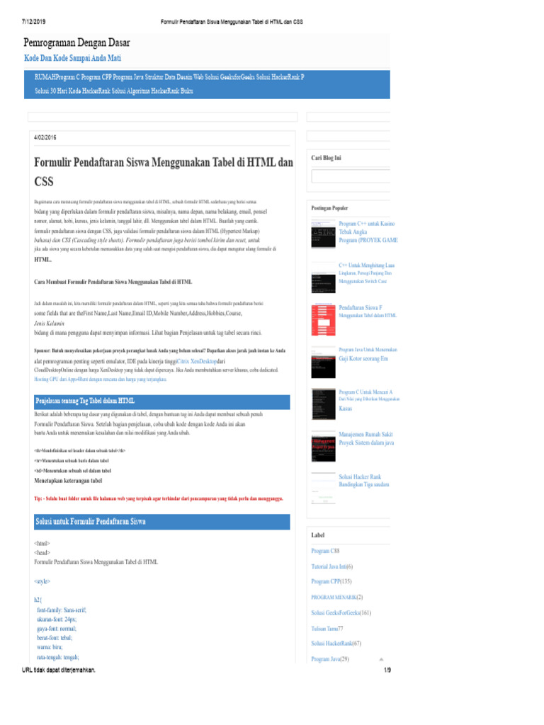 Formulir Pendaftaran Siswa Menggunakan Tabel Dalam HTML Dan CSS | PDF