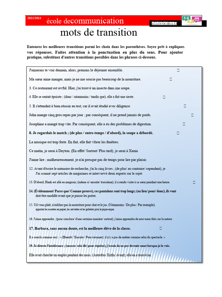 Activité Sur Les Mots de Transition | PDF