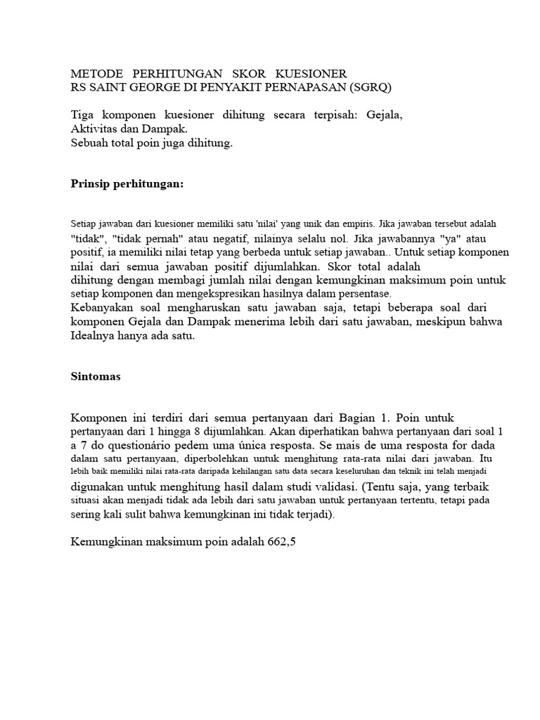 Metode Perhitungan Skor Kuesioner Rumah Sakit Saint George Pada ...