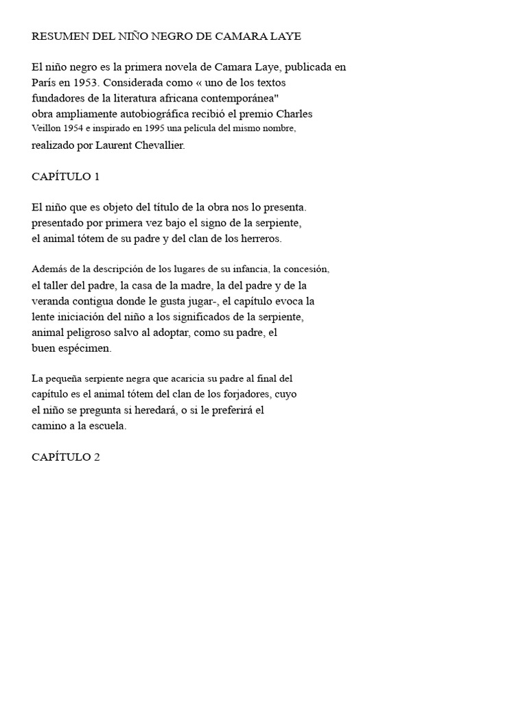 Resumen de "El Niño Negro" de Camara Laye | PDF