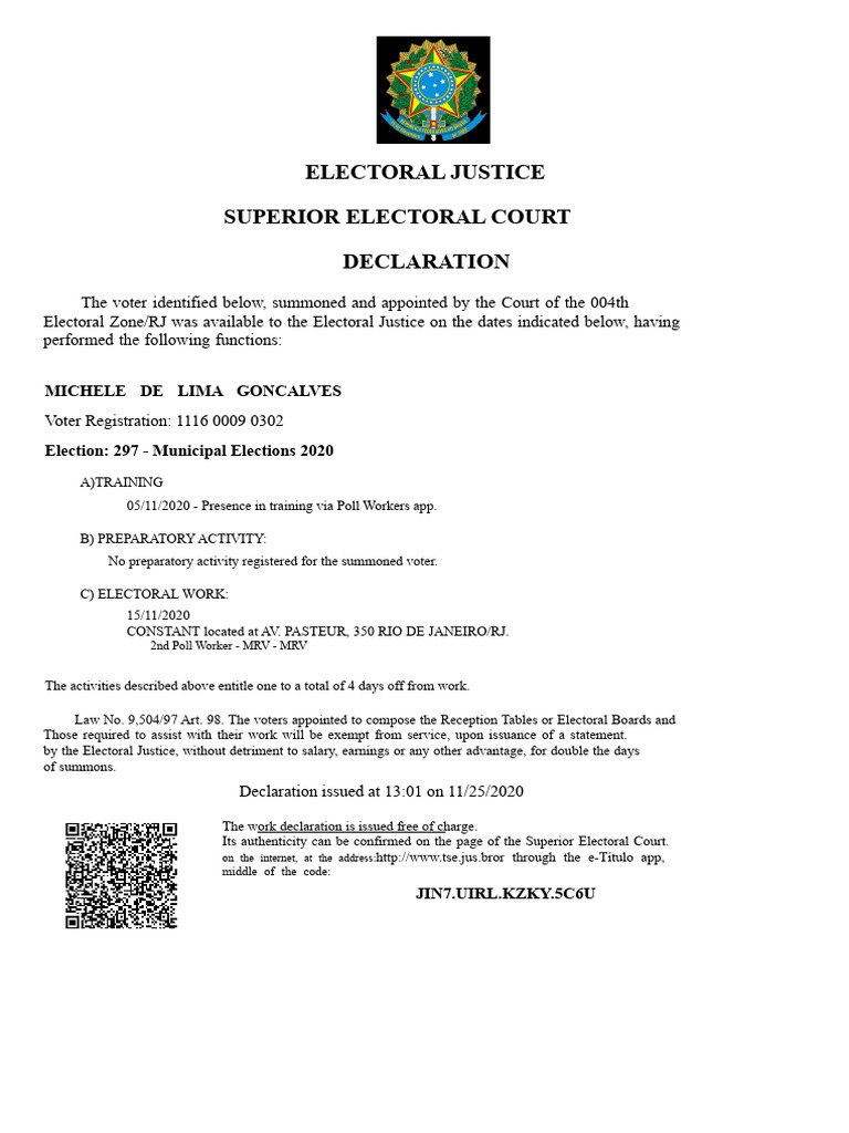 Declaration of Work As A Poll Worker 2020 | PDF