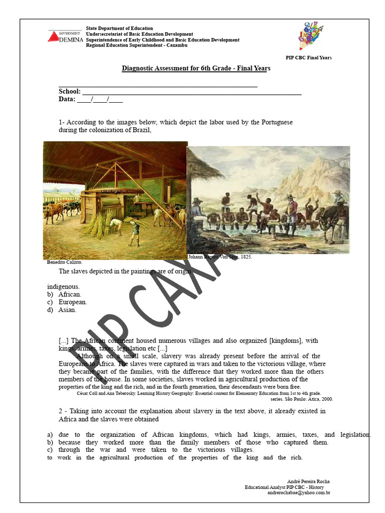Diagnostic Assessment - 6th Grade | PDF | Brazil | Slavery