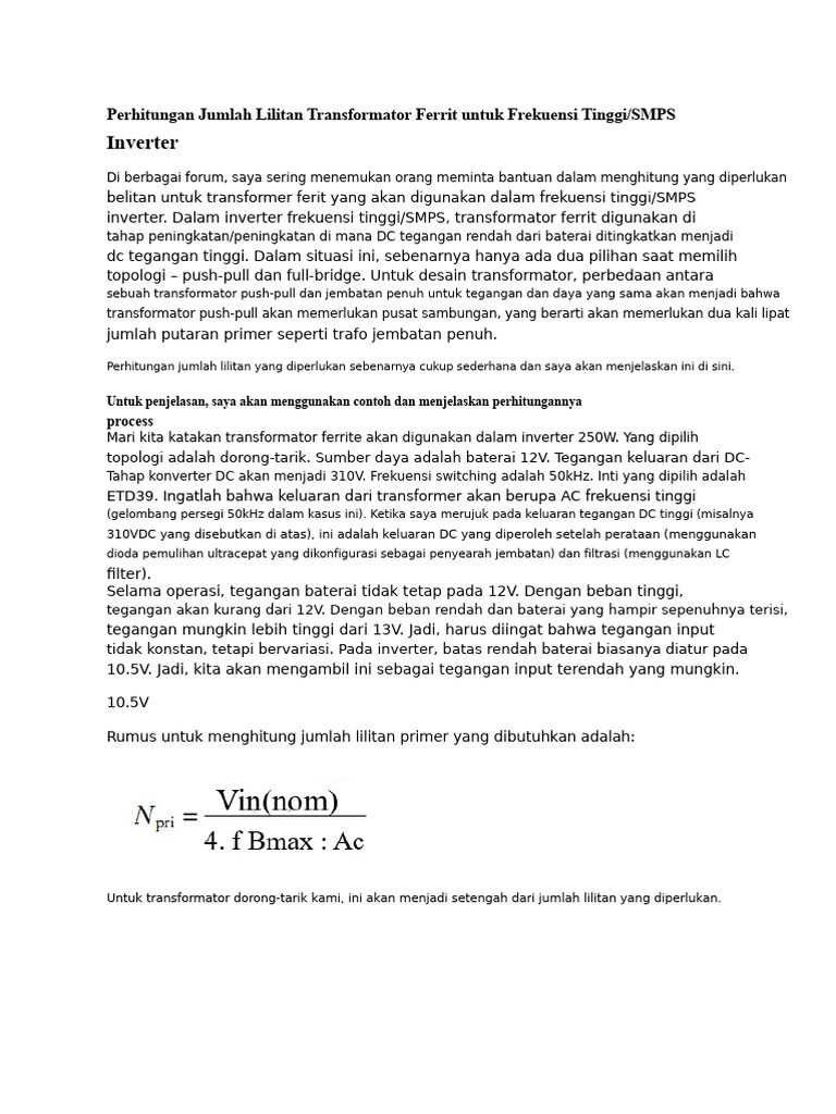 Perhitungan Jumlah Lilitan Transformator Ferrit Pdf