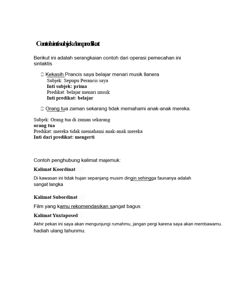 Contoh Subjek dan Predikat dalam Kalimat | PDF