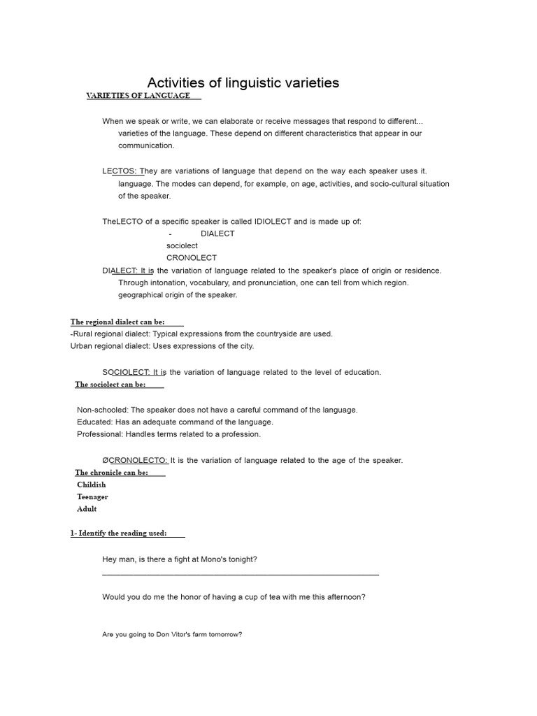 Activities of Linguistic Varieties | PDF | Dialect | Communication