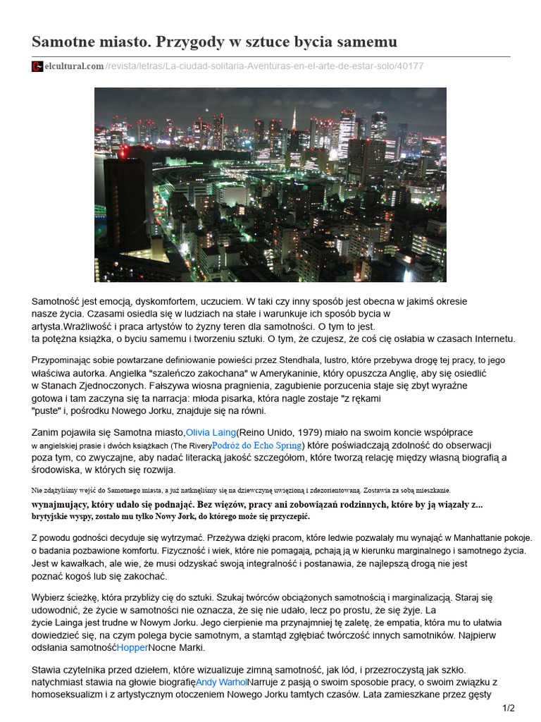 Miasto Samotne Przygody W Sztuce Bycia Samotnym | PDF