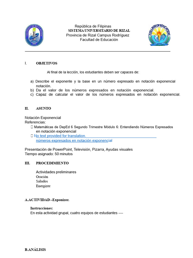 Plan de Lección de Demostración de Matemáticas 3 - Notación Exponencial ...