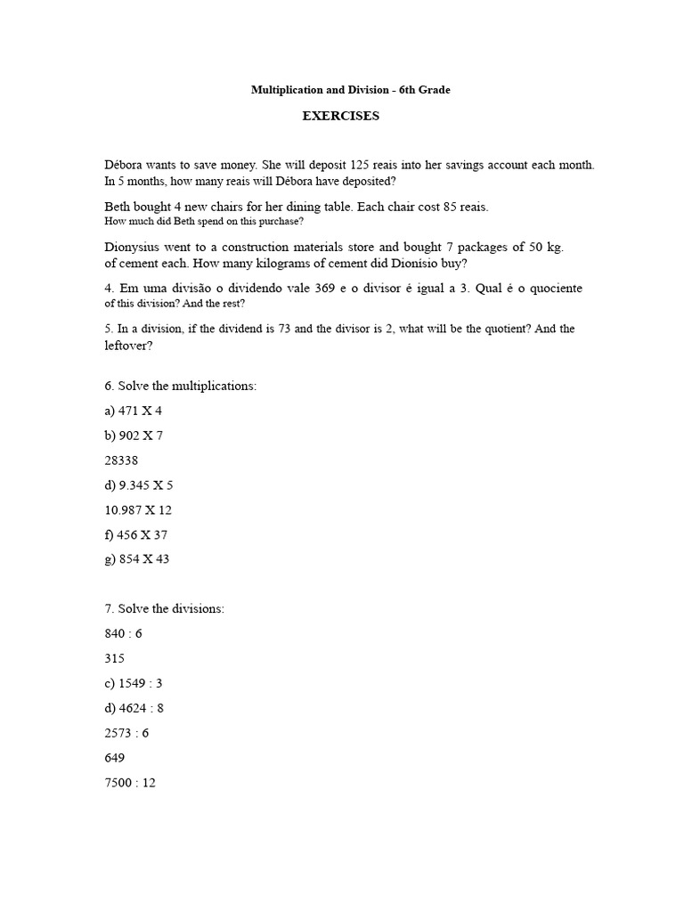 6th Grade Multiplication & Division Exercises | PDF